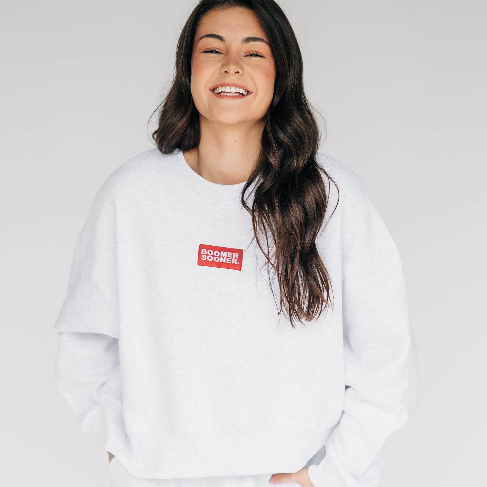 The Becca Boxy Crewneck Boomer Sooner Woven Label | Ash – Scarlet & Gold