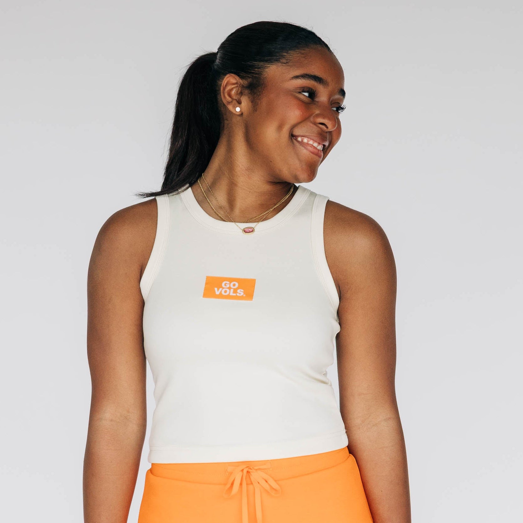 The Alli Airy Tank Go Vols Woven Label | Bone – Scarlet & Gold