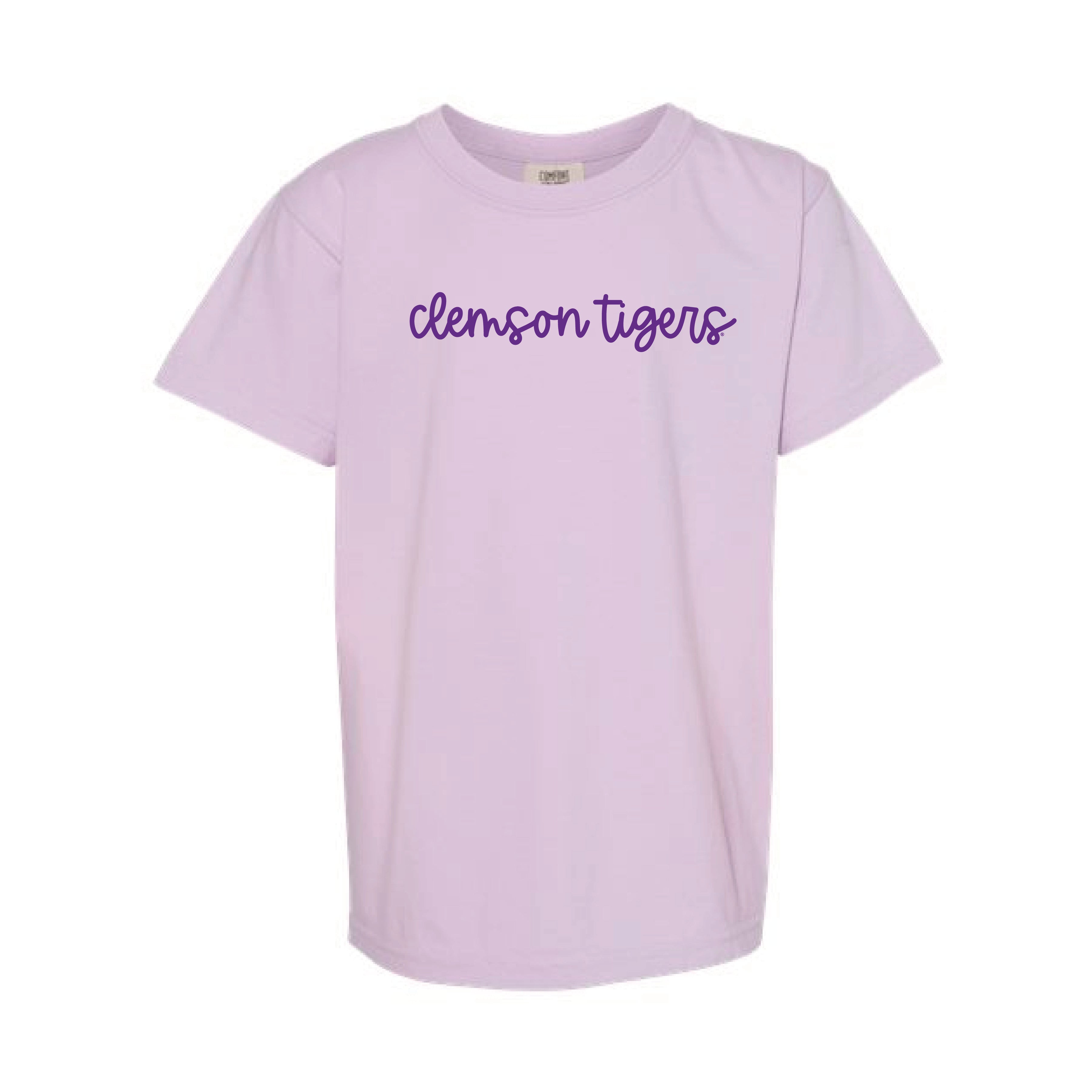 The Clemson Tigers Cursive | Youth Orchid Tee – Scarlet & Gold