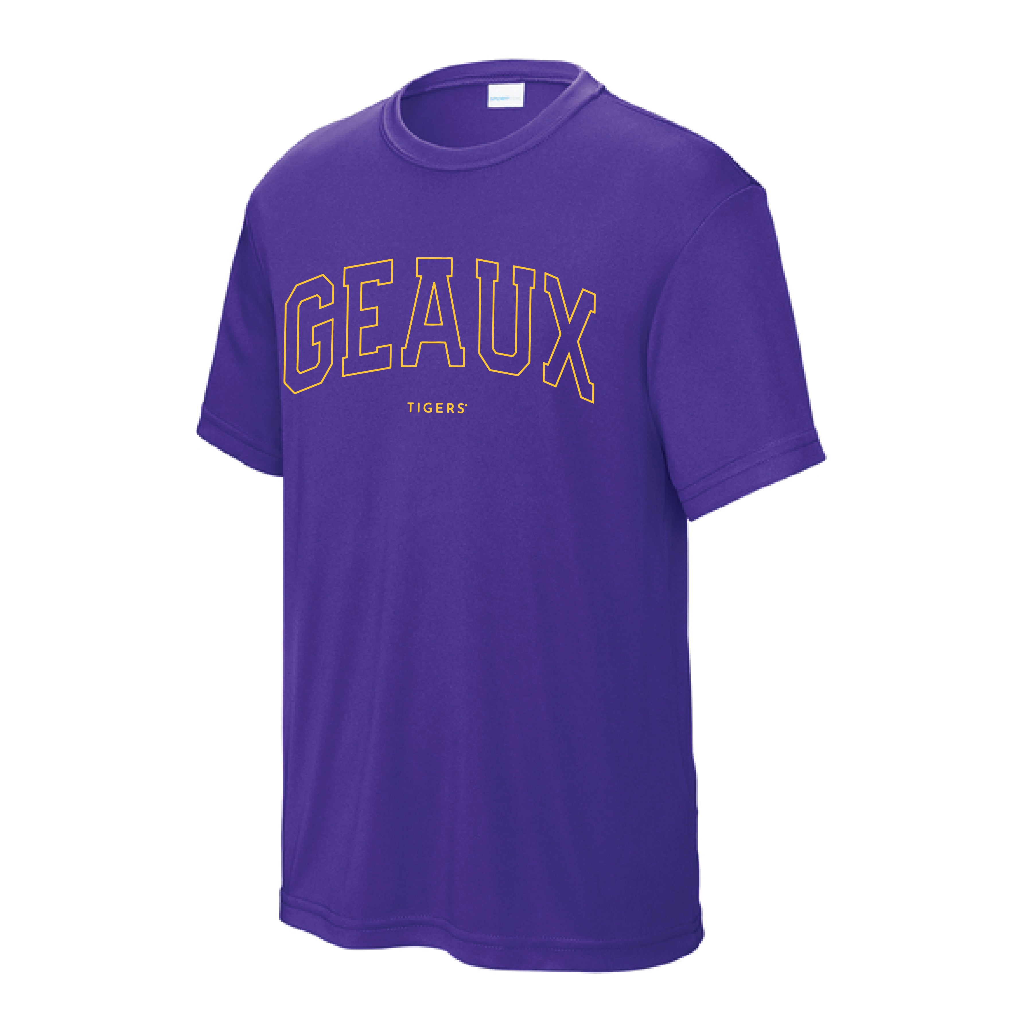The Geaux Arch Outline | Youth Purple Performance Tee – Scarlet & Gold