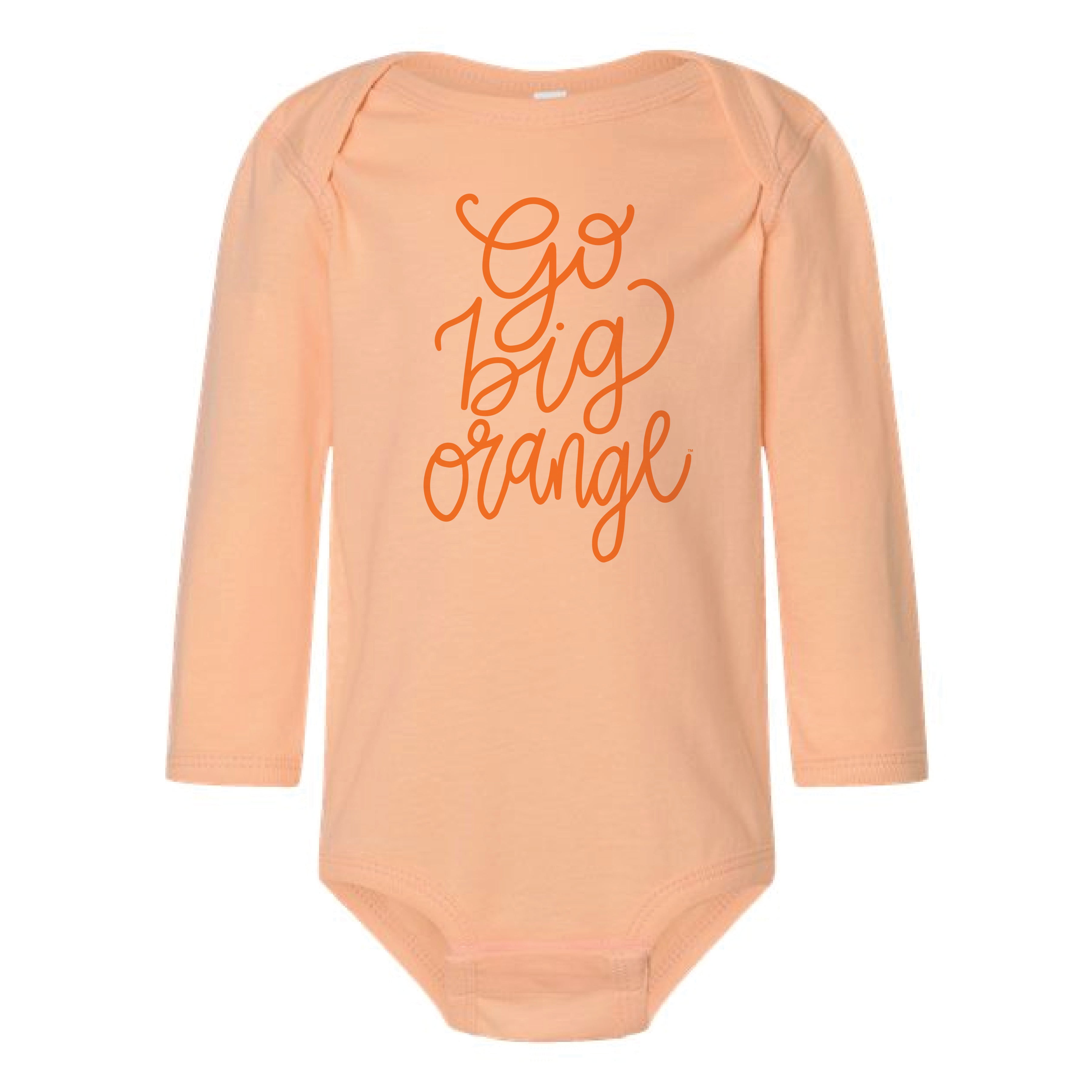 The Go Big Orange Script | Baby Peachy Long Sleeve Onesie – Scarlet & Gold