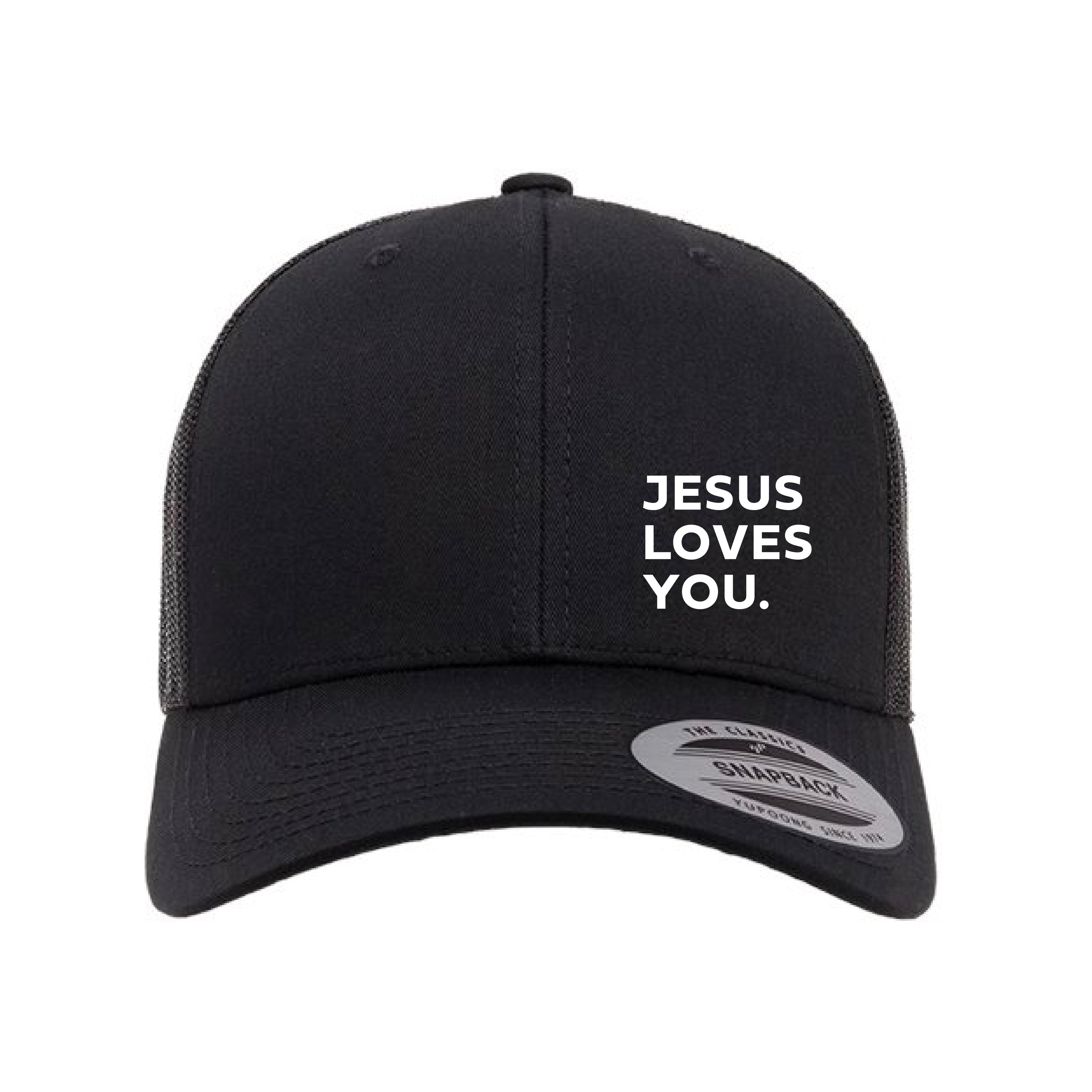 The Jesus Loves You | Embroidered Black Retro Trucker Cap – Scarlet & Gold