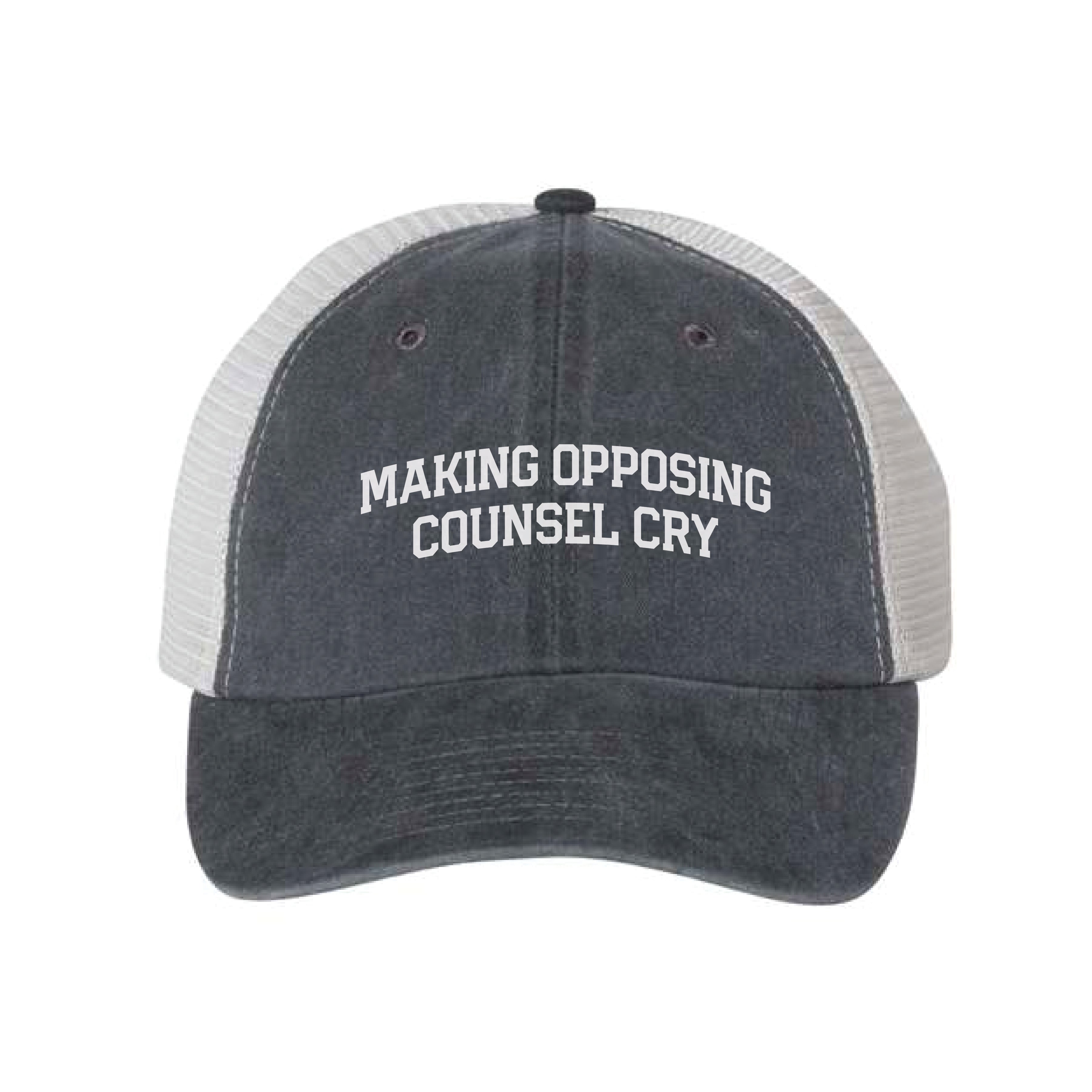 The Making Opposing Counsel Cry | Black/Stone Trucker Hat – Scarlet & Gold