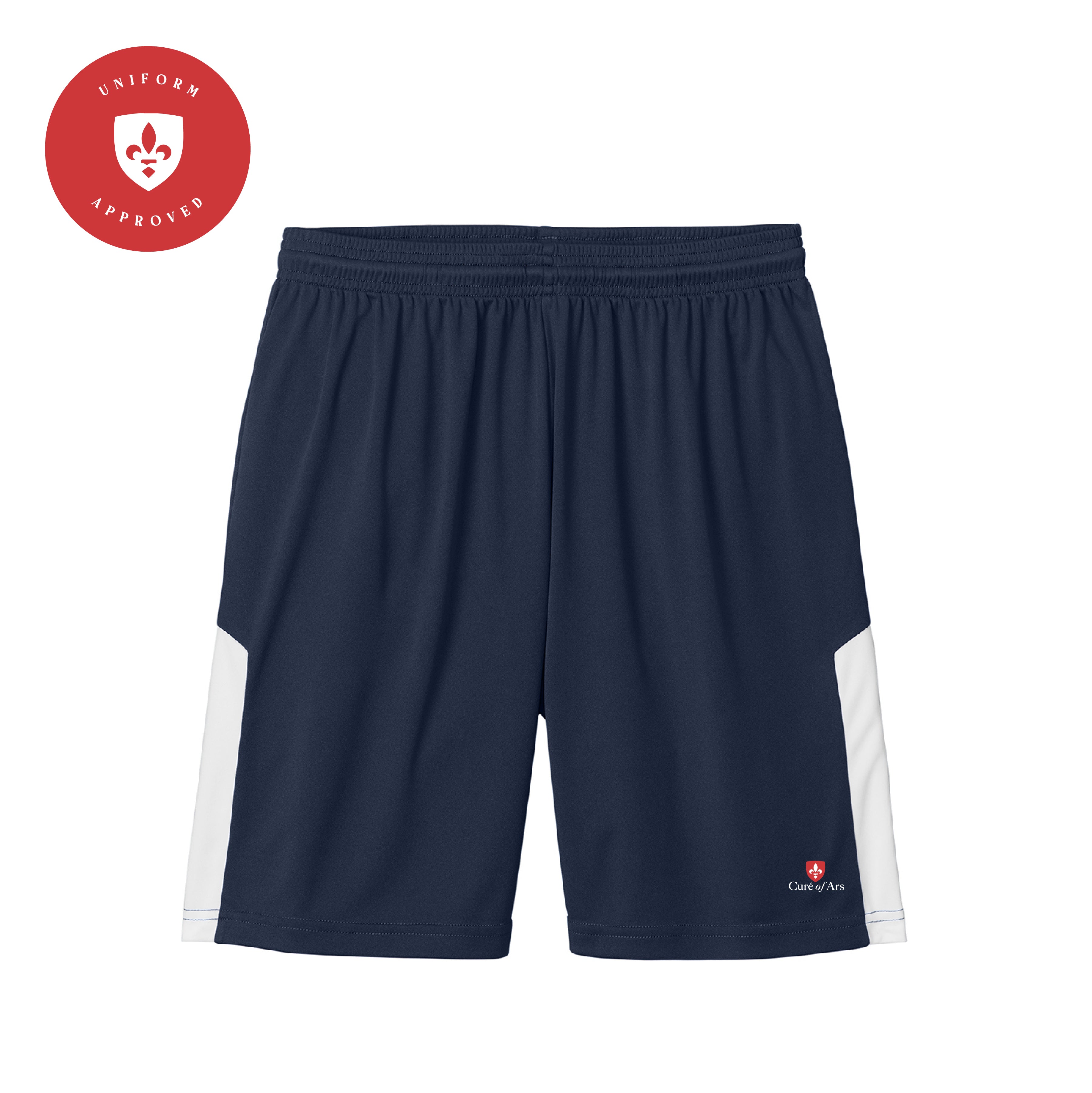 The Curé of Ars Logo | Navy Shorts – Scarlet & Gold