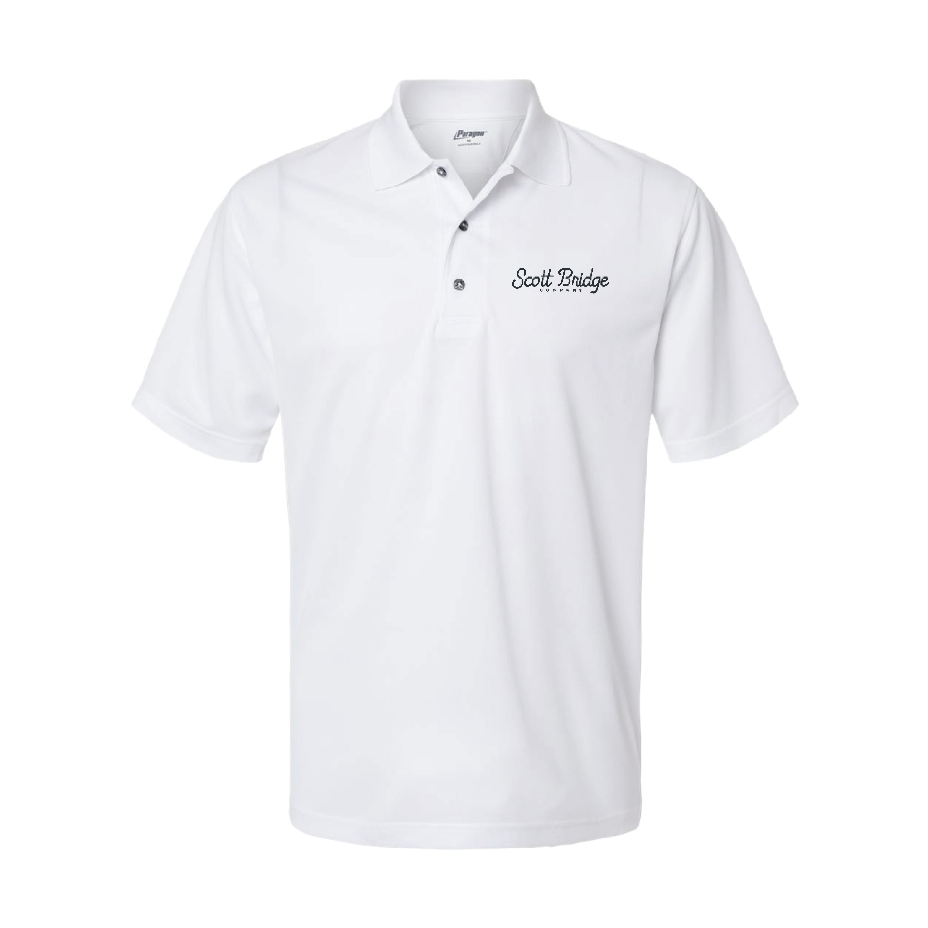 The Scott Bridge | Embroidered White Performance Polo – Scarlet & Gold