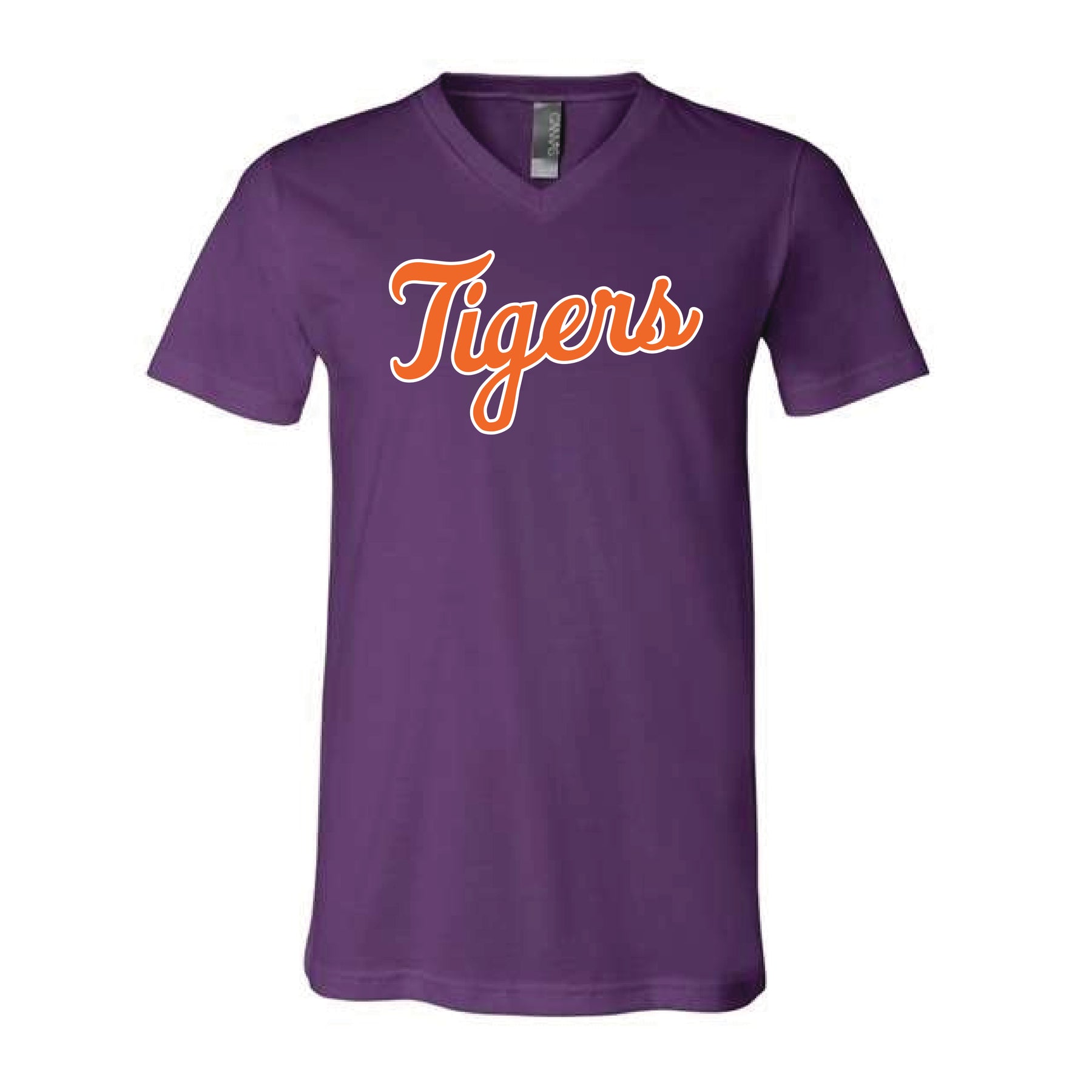 The Tigers Script Logo | Team Purple V-Neck Tee – Scarlet & Gold