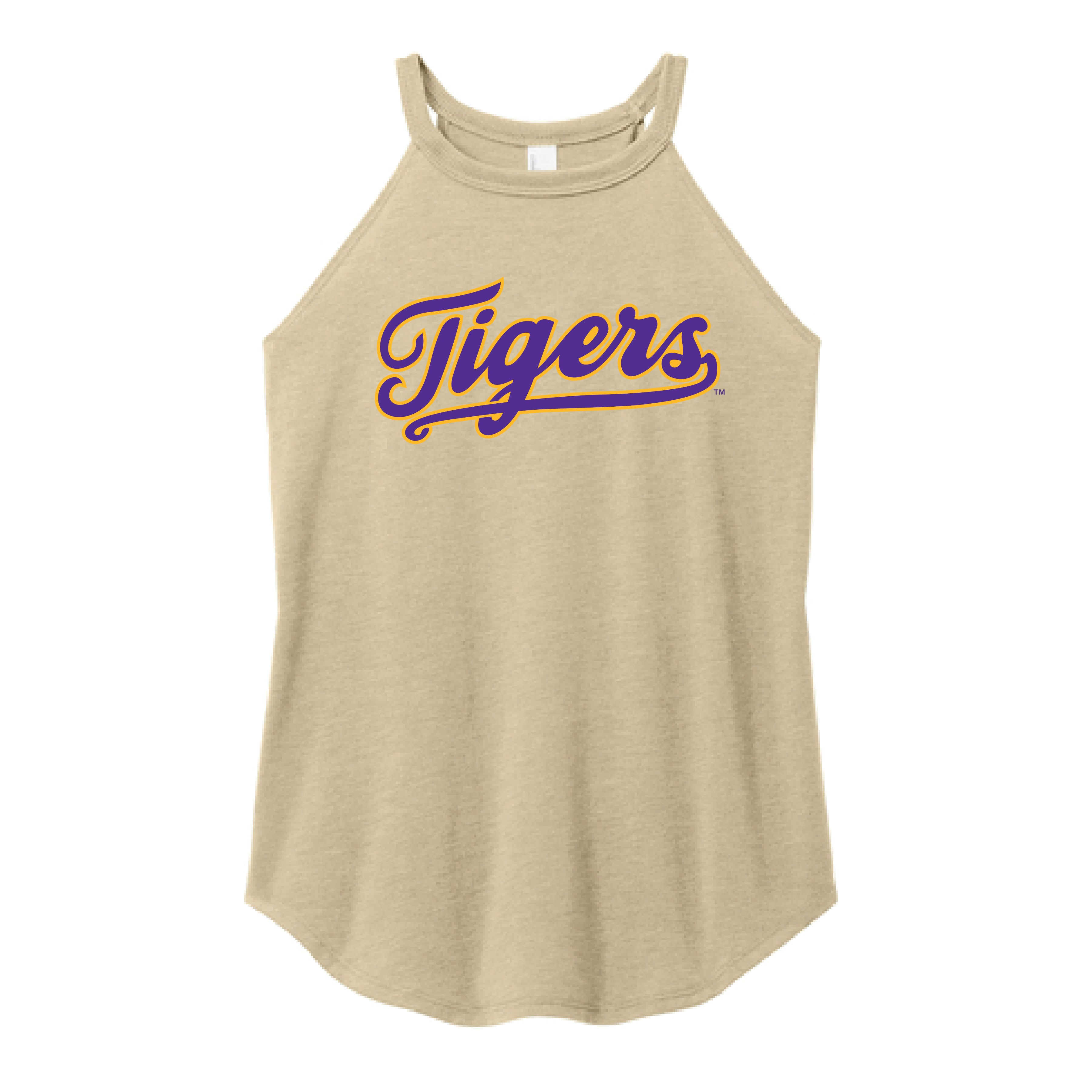 The Tigers Script Logo | Desert Tan Heather Rocker Tank – Scarlet & Gold