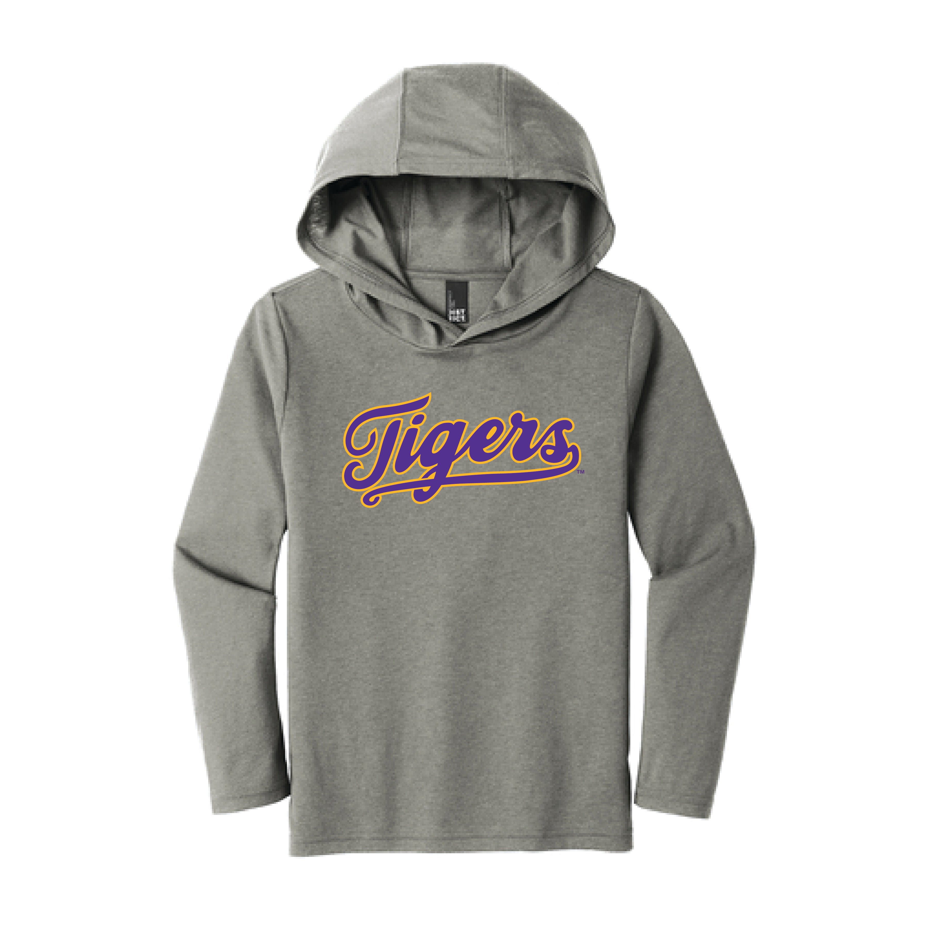 The Tigers Script Logo | Youth Grey Frost Athletic Hoodie – Scarlet & Gold